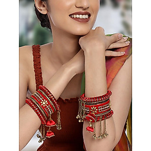 Aheli Wedding Party Designer Velvet Faux Stone Studded Bridal Bangle Set Chuda with Hangings Indian Traditional Ethnic Fashion Jewelry for Women(Red)
