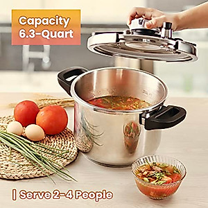 WEHOME Pressure Cooker，6.3-Quart Kitchen Pressure Cooker，Suitable for Induction and Stove-top，304 Stainless Steel Cookware with Easy Opening&Closing Lid，Triple Safety Valve Design (6.3-Quart)