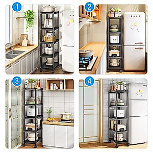 PXRACK 5 Tie Storage Shelves, Metal Heavy Duty Shelf for Storage with Wheels Adjustable Shelving Storage for Garage Bathroom Kitchen, Narrow Storage Racks Organizer Corner Shelf 12.2”*16.73”*59.45”