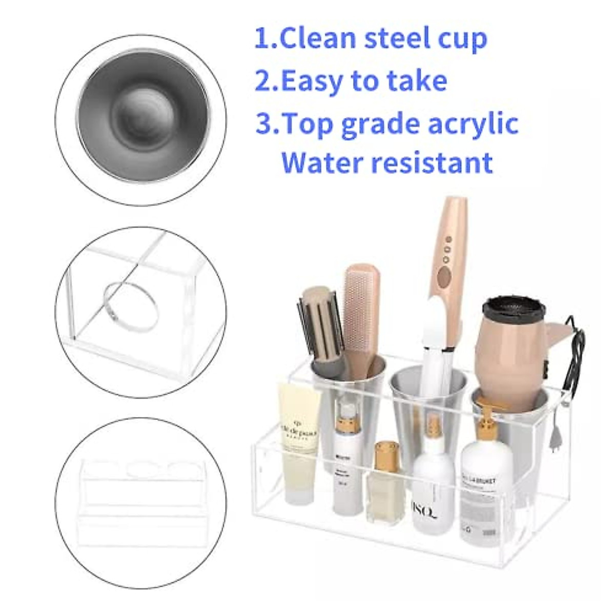 Happy start Acrylic Hair Tool Organizer - Blow Dryer Holder, Hair Styling Tools & Accessories Organizer Vanity Caddy Storage Stand with Heat Resistant Stainless Steel Cups (Regular, Black)