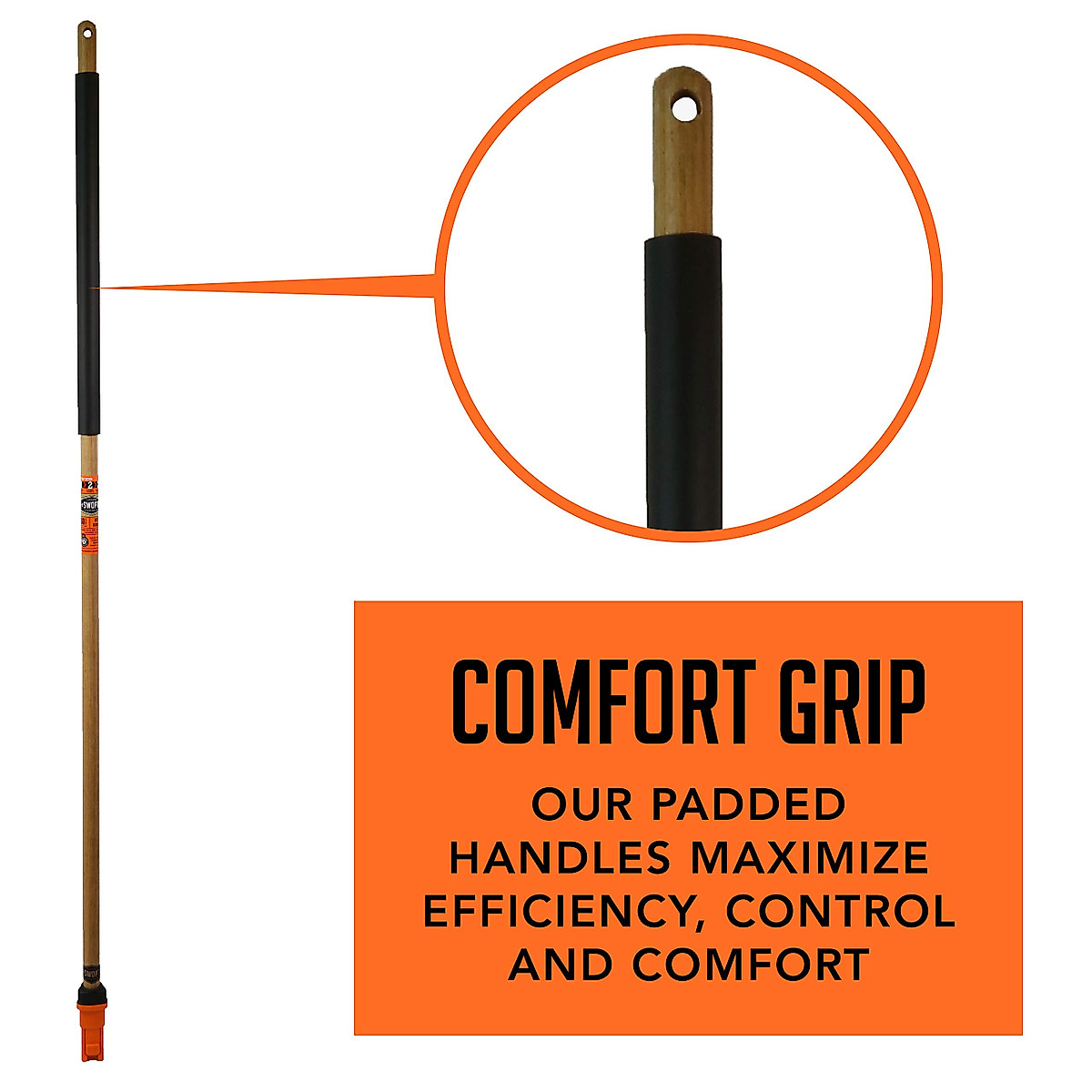 SWOPT Premium Straight Broom + 48" EVA Foam Comfort Grip Wooden Handle, Combo — Cleaning Head with Long Handle Interchangeable with All SWOPT Cleaning Products — Broom Set for Smooth Surfaces