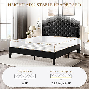 SHA CERLIN Queen Bed Frame with Adjustable Headboard/Velvet Upholstered/Diamond Button Tufted and Metal Studs/No Box Spring Needed/Wood Slat Support/Easy Assembly/Black