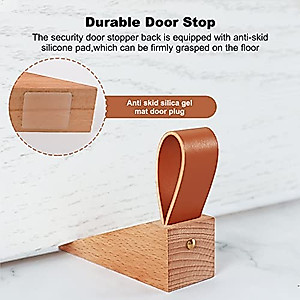 Wood Door Stopper, 2 Pack Door Stoppers Wedge with Adhesive Hooks, Solid Beech Wood Door Stop Wedge with Leather Band for Hanging, Wood Door Stoppers for Bottom of Door