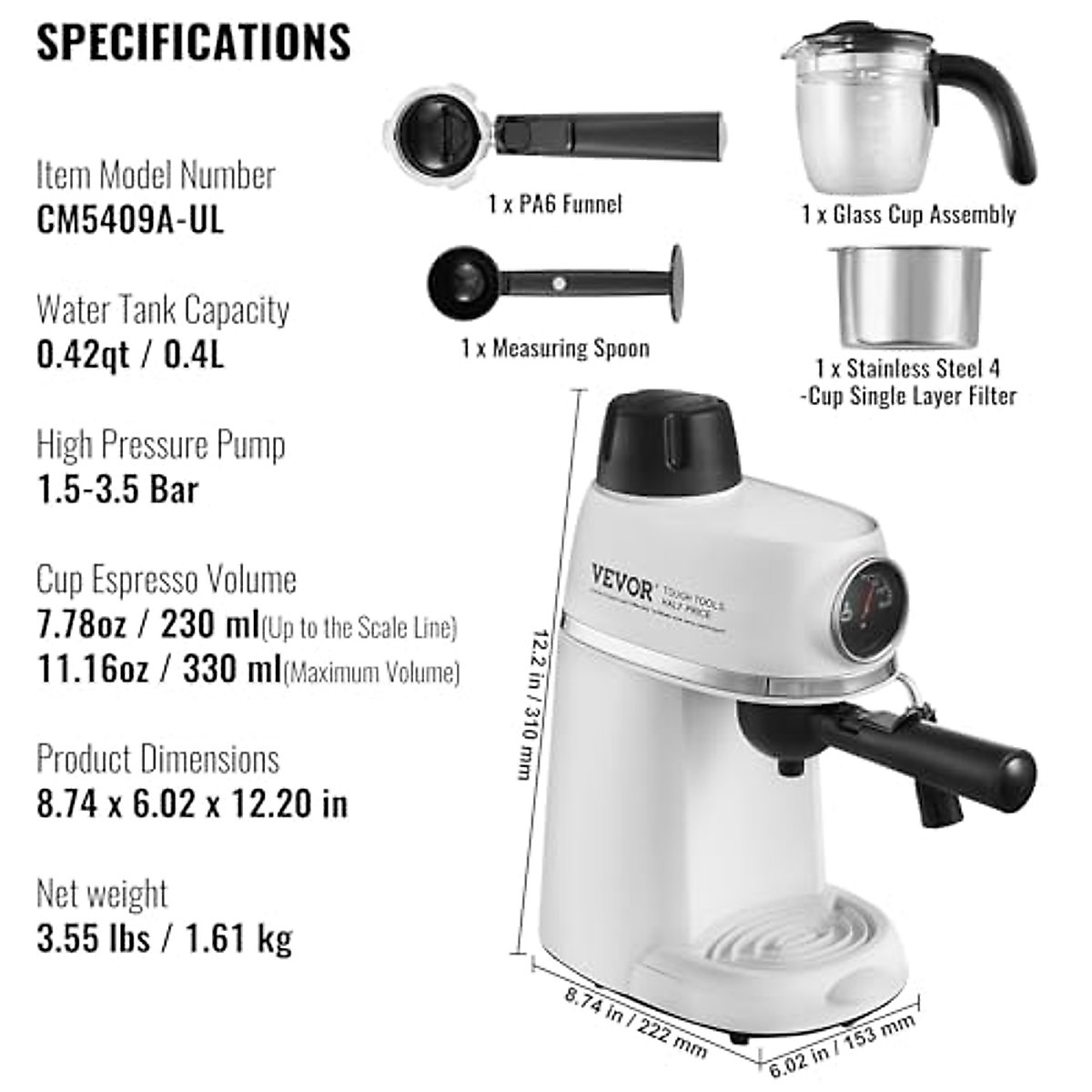 VEVOR Espresso Machine, 3.5 Bar Espresso Maker with Milk Frother Steam Wand, 4-Cup Professional Coffee/Espresso Machine with Temp Gauge for Latte Cappuccino, NTC Control System