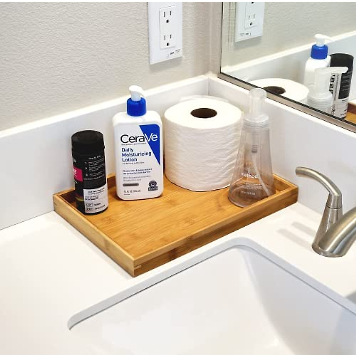 Bam & Boo - Natural Bamboo Rectangle Serving & Vanity Tray - for Kitchen Bathroom Countertop, Coffee Table (Large, 13.75inch x 10.25inch x 1.2inch), Beige