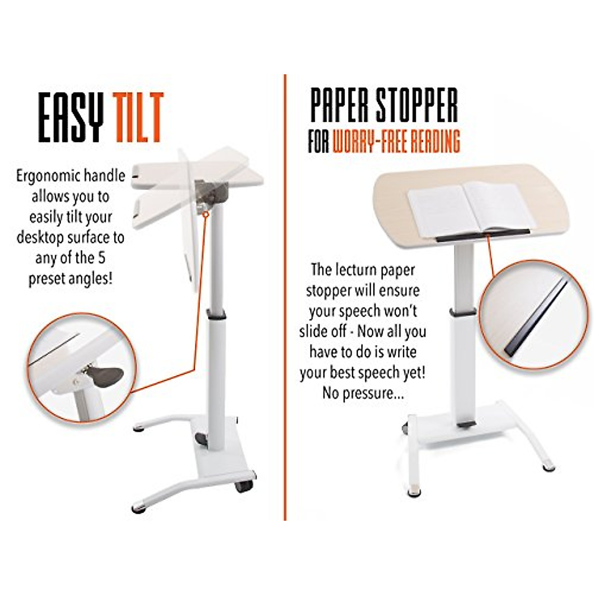 Stand Steady Tilting Mobile Podium | Height Adjustable Laptop Stand with Wheels and Tilting Desktop | Mobile Workstation & Portable Standing Desk | Rolling Laptop Table for Office & Home (Maple Print)