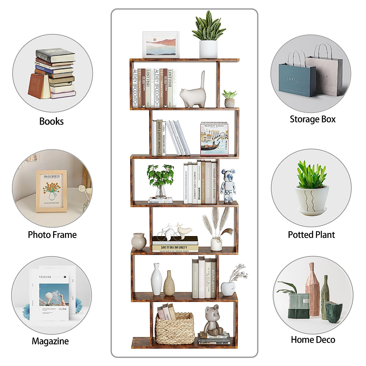 Yusong Geometric Bookcase, Bookshelf 6-Tier S Shaped Book Shelves for Bedroom, Modern Wood Decorative Display Shelf Tall Book Case for Home Office, Rustic Brown