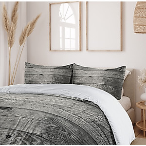 Ambesonne Dark Grey Duvet Cover Set, Ombre Style Grunge Wooden Planks Rustic Timber Oak Wall Rough Texture Image, Decorative 3 Piece Bedding Set with 2 Pillow Shams, Queen Size, Grey Black