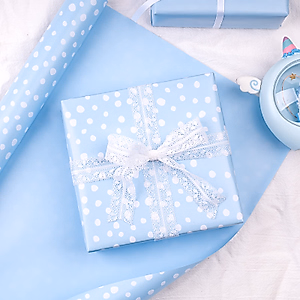 WRAPAHOLIC Reversible Wrapping Paper - Mini Roll - 17 Inch X 33 Feet - Light Blue and Delicate Polka Dots Design for Birthday, Holiday, Wedding, Baby Shower