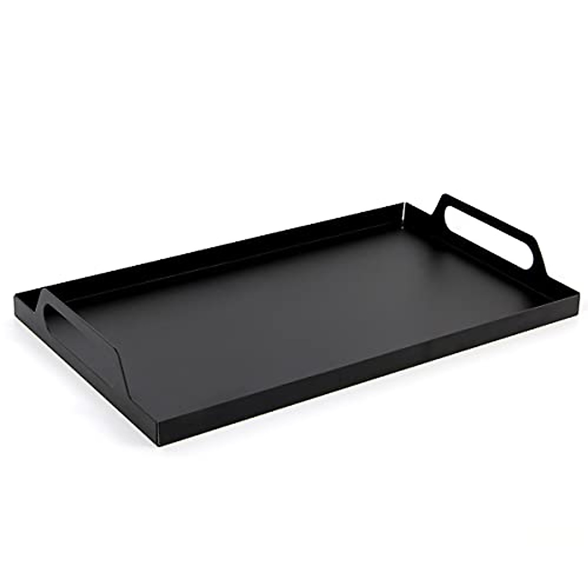 HORIAMIT Coffee Table Tray, Serving Tray Snack Tray Rectangle Black Metal Tray with Handles 16.7x9.5 inches, Vanity Tray Bathroom Organizer Kitchen Tray for Counter