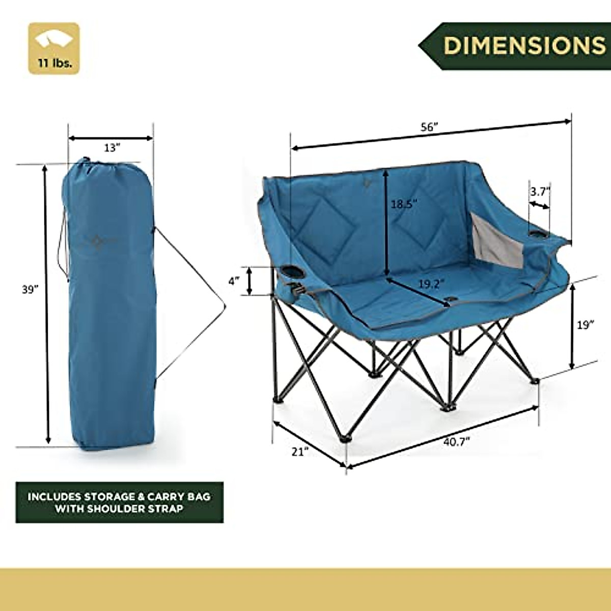 ARROWHEAD OUTDOOR Portable Folding Double Duo Camping Chair Loveseat w/ 2 Cup & Wine Glass Holder, Heavy-Duty Carrying Bag, Padded Seats & Armrests, Supports up to 500lbs, USA-Based Support