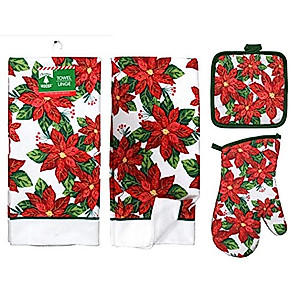 Poinsettia 5 Piece Christmas Kitchen Linen Bundle With 2 Dish Towels, 2 Potholders, and 1 Oven Mitt …