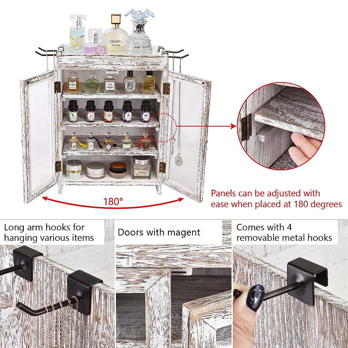 Ikee Design Small Wooden Countertop Storage Cabinet with Adjustable Shelves and Removable Hooks, Perfect for Perfume, Pantry, Essential Oil, 10.4W x 6.1D x 14.4H in, Antique White