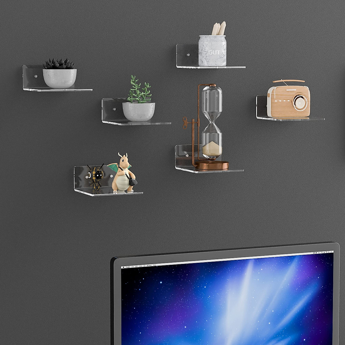 Sezanrpt 6 Inches Acrylic Small Wall Shelves, Clear Floating Shelf for Wall Mounting, Acrylic Display Ledges for Funko Pop Figures, Home Décor, Living Room, Gaming Room, Plants, 2 Pack