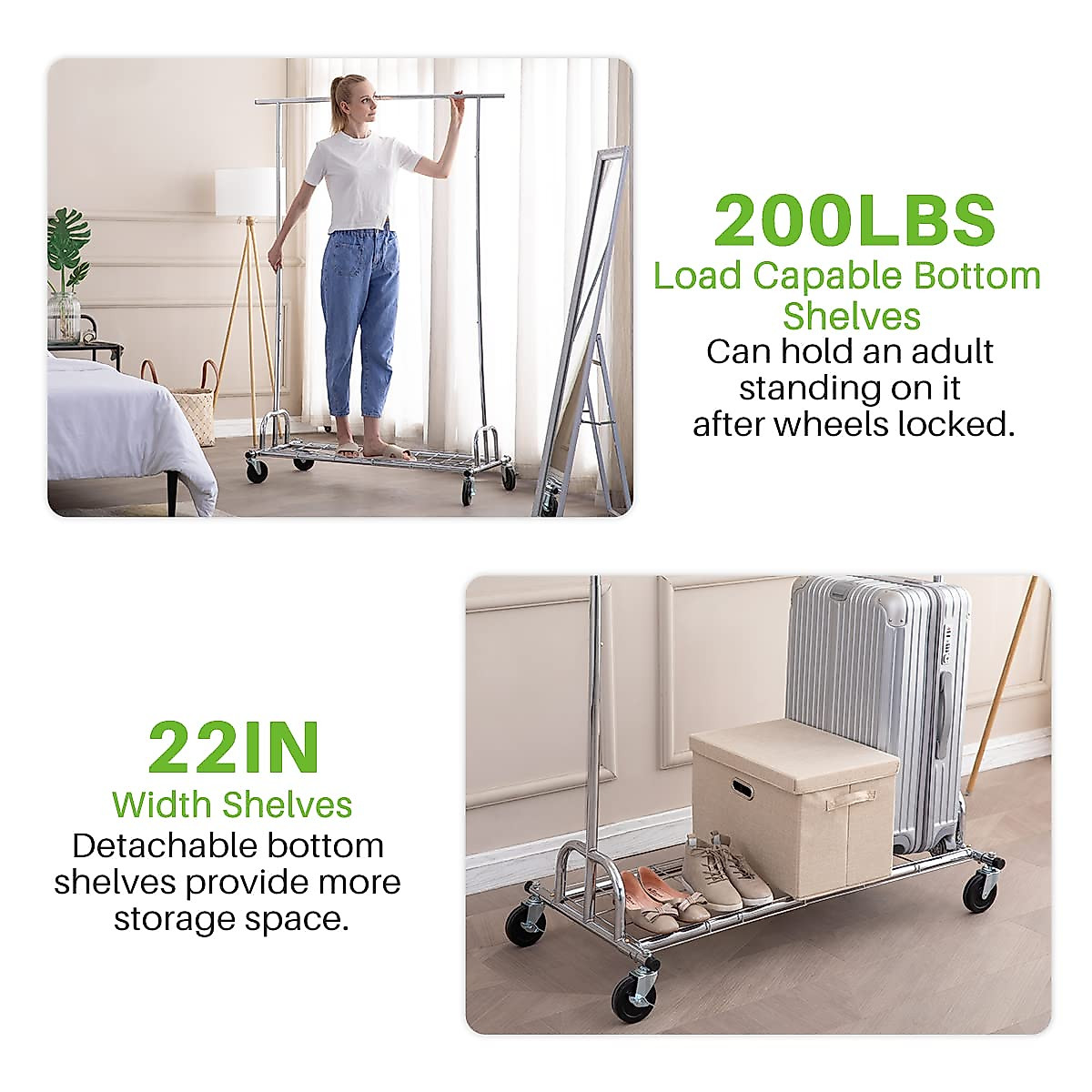 HOKEEPER Clothing Garment Rack with Shelves Capacity 450 lbs Clothing Racks on Wheels Rolling Clothes Rack for Hanging Clothes Heavy Duty Portable Collapsible Commercial Garment Rack Chrome