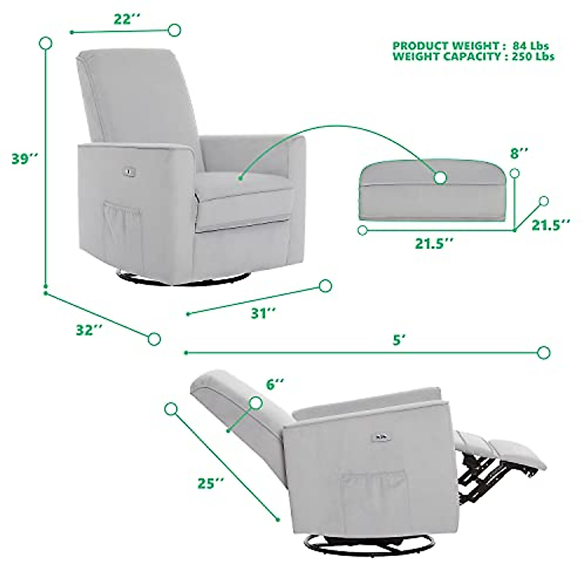 Evolur Harlow Deluxe Upholstered Plush Seating Glider Swivel, Rocker, Power Recliner with USB Port, Greenguard Gold Certified, Chair for Nursery in Misty Grey, Modern