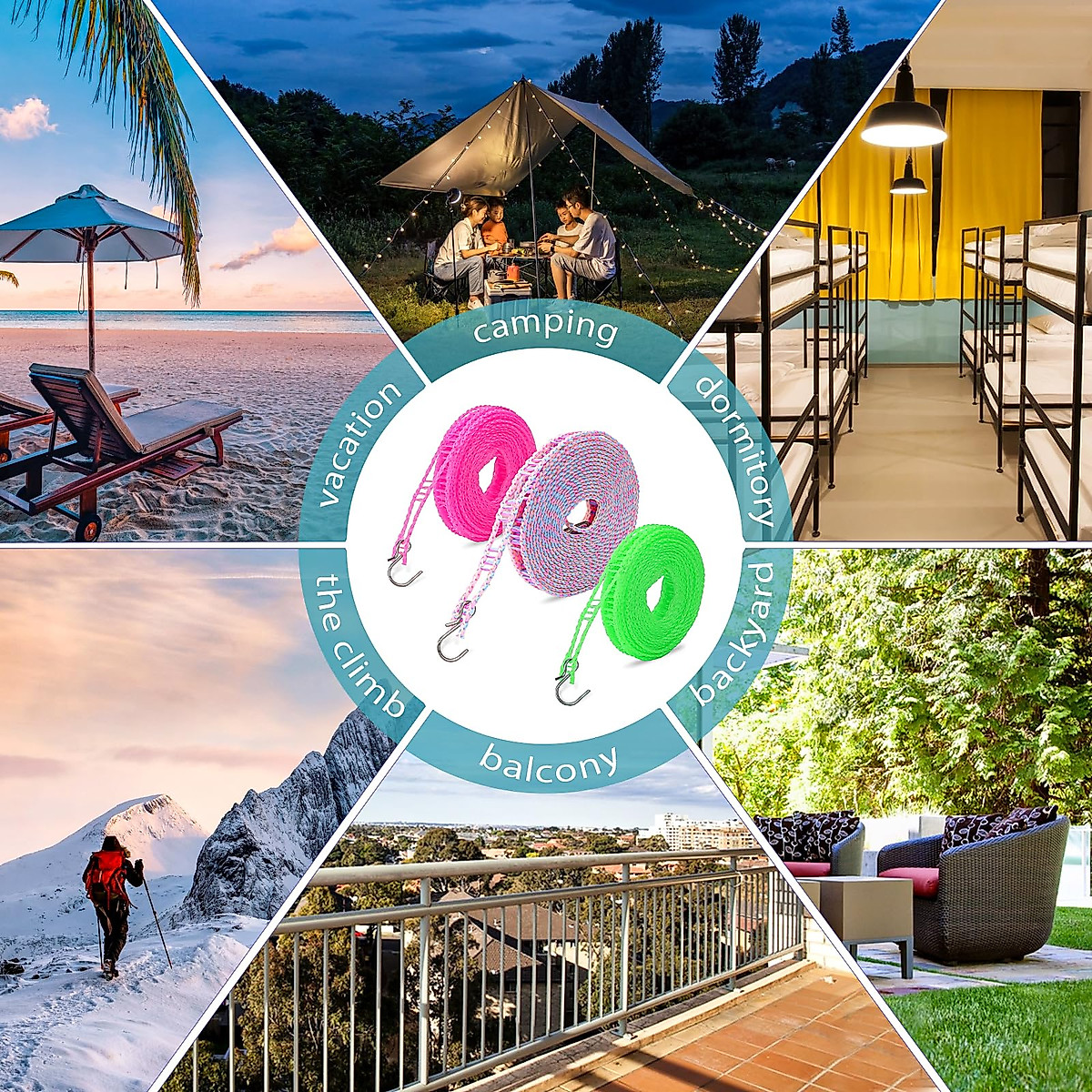 3 Pack Windproof Portable Clotheslines with Hooks 16.4ft Clothes Drying Rope Laundry Line Adjustable Non-Slip Clotheslines for Outdoor Indoor Travel Laundry Drying Hanging Clothes