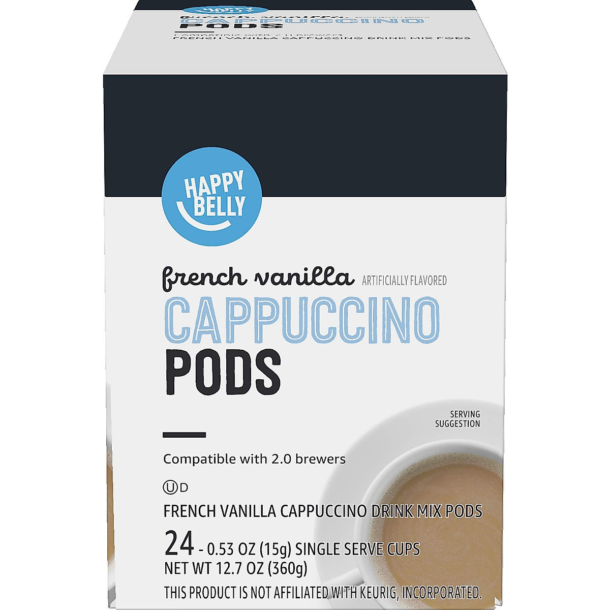 Amazon Brand - Happy Belly Cappuccino Coffee Pods Compatible with 2.0 K-Cup Brewers, French Vanilla Flavored, 24 Count