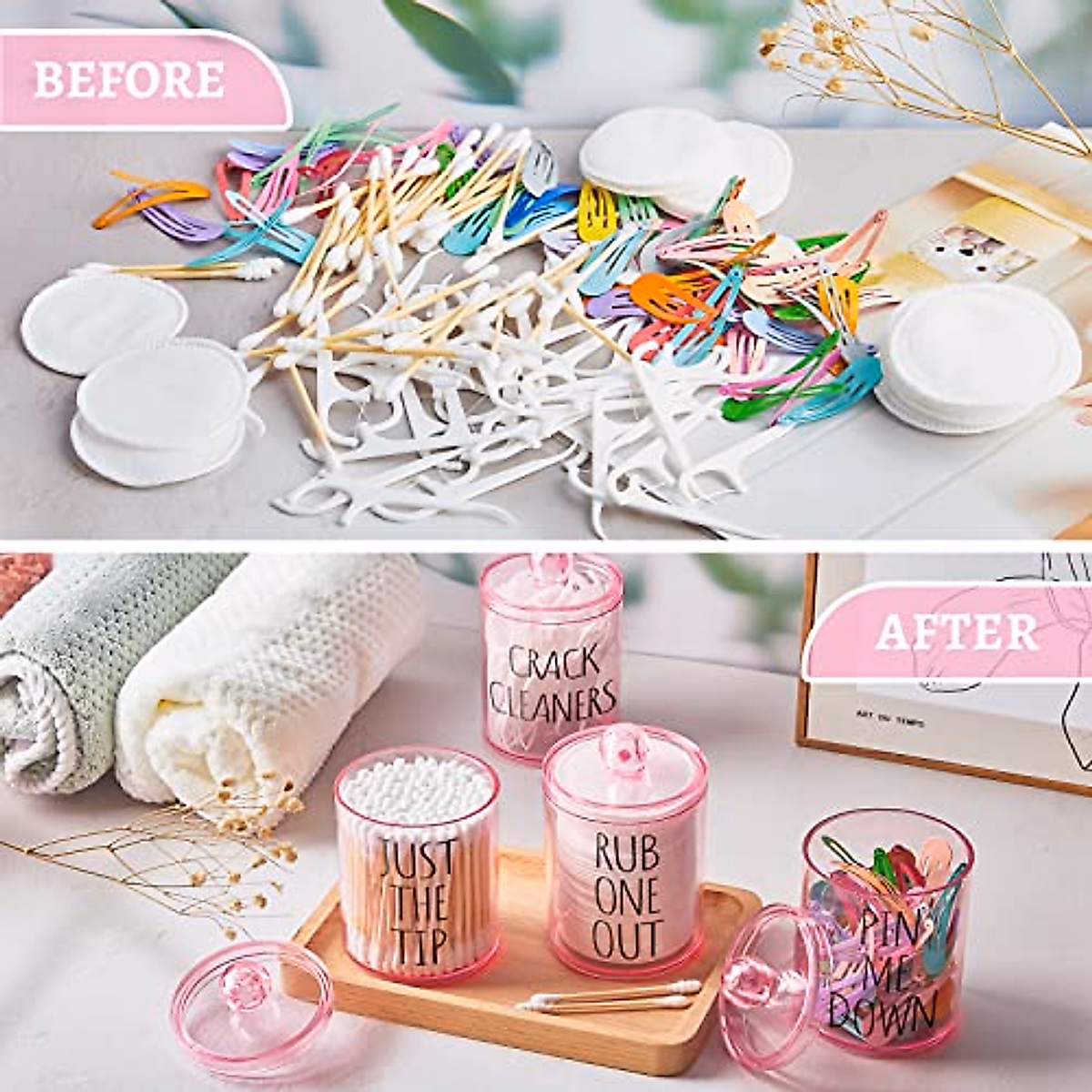 4 Pack Qtip Holder Dispenser with Lids and Labels - 10 oz Apothecary Jars Bathroom Vanity Canister Organizer for Cotton Balls, Pads, Swabs, Floss (Pink)