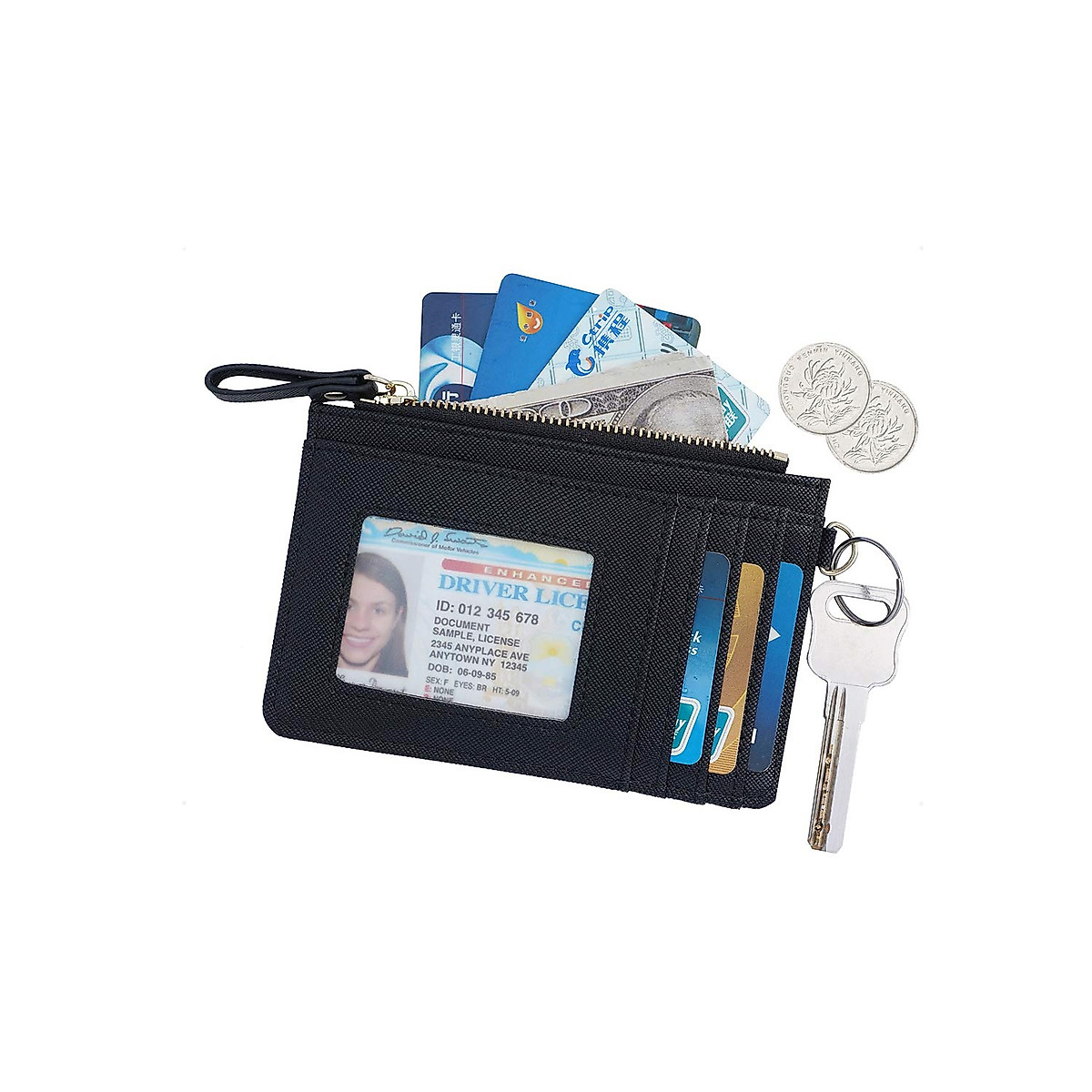 Aiyo Nice Women Slim RFID Card Case Holder Wristlet Zip ID Case Wallet Small Leather Wallet Coin Purse with Keychain (Black)