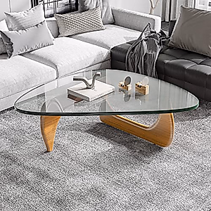 Rimdoc Triangle Glass Coffee Table Modern Noguchi Coffee Table, Vintage Glass, and Wood End Table, Solid Wood Base and Clear Glass Top Accent Coffee Table, for Living Room, Patio(Light Walnut)