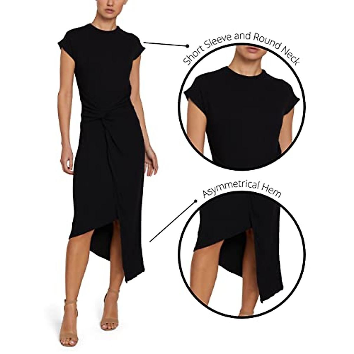 LAUNDRY BY SHELLI SEGAL Women's Midi Cap Sleeve Asymmetrical Knot Front Dresses, Black, Medium