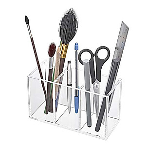 NIUBEE Acrylic Pen Holder 3 Compartments, Clear Pencil Organizer Cup for Countertop Desk Accessory Storage