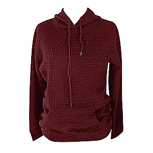 CLARIDGE Women Waffle Hoodie 2023 Fashion Fall Clothes Solid Color Casual Drawstring Pullover Hooded Sweatshirts with Pockets Red