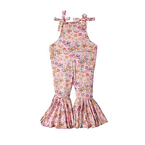 Toddler Baby Girl Romper Kids Clothes One Piece Floral Sleeveless Strap Jumpsuit Suspender Bell Bottoms Pants Summer(Pink Rainbow, 5-6 T)