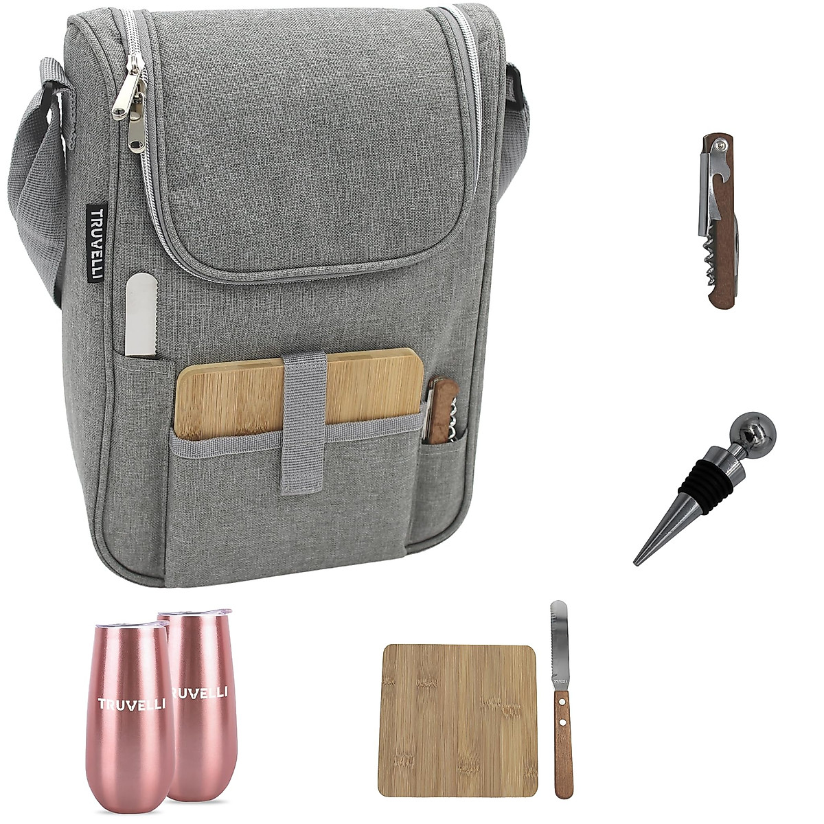 Truvelli Insulated Wine Tote Bag: Portable 2 Bottle Cheese Waterproof Black Canvas Carrier Picnic Kit - Stopper Attachment, Plus Wooden Charcuterie Board