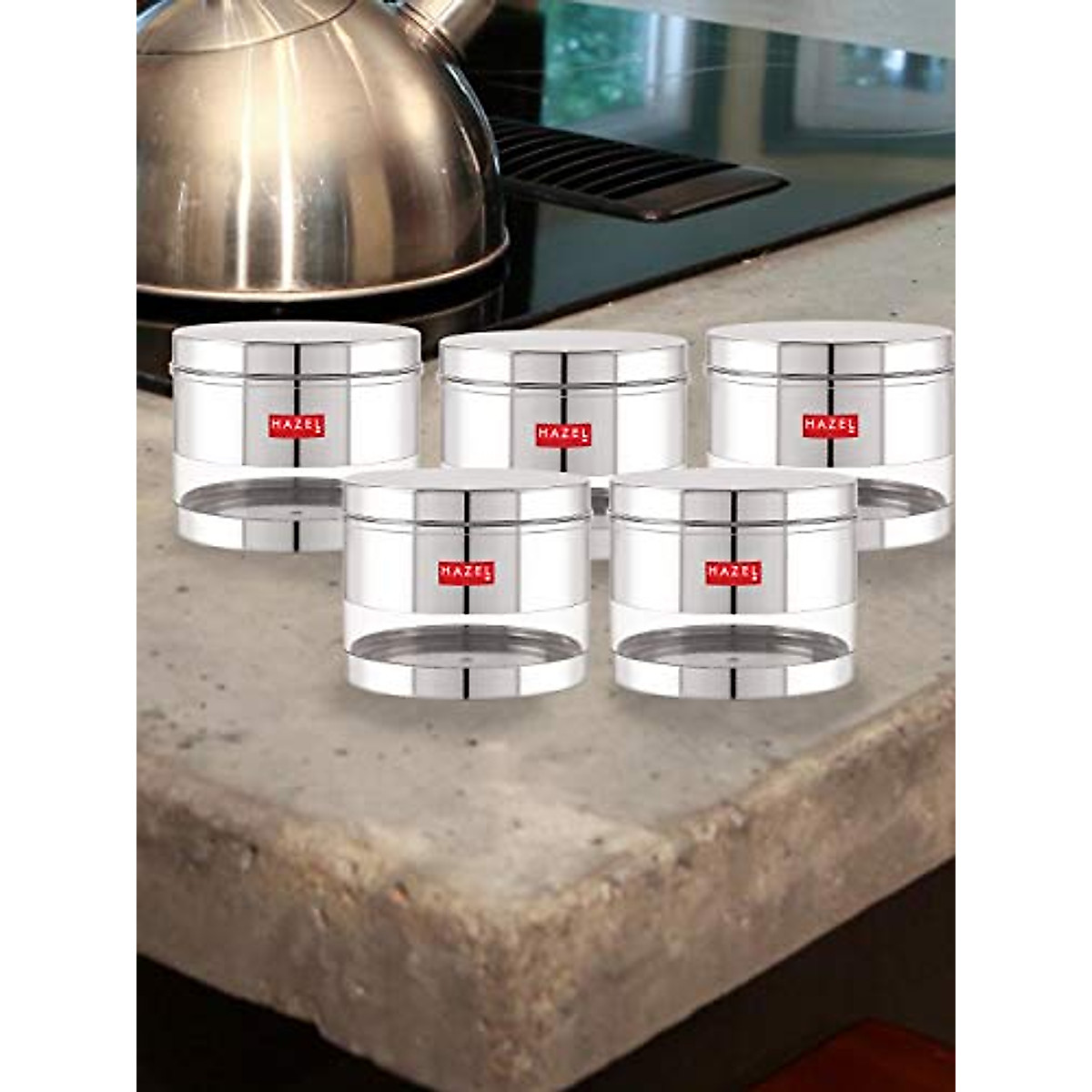 HAZEL Stainless Steel Containers Set For Kitchen Storage Transparent See Through Glossy Finish Storage Jars Dabba, Set of 5, 2000 ML Each, Silver