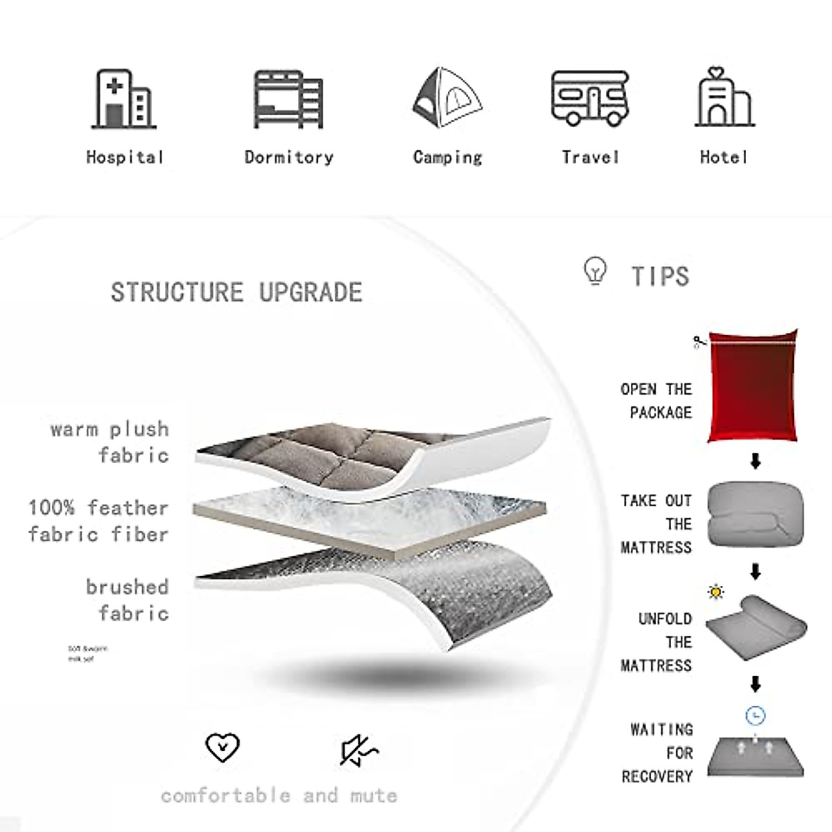 Tatami Mattress Futon Mattress Japanese Foldable Floor Mattress Soft Futon Quilted Bed Mattress Topper Plush Feather Fabric Fiber Mattress Tatami Mat Sleeping Pad,Gray,60x120cm 1.0kg