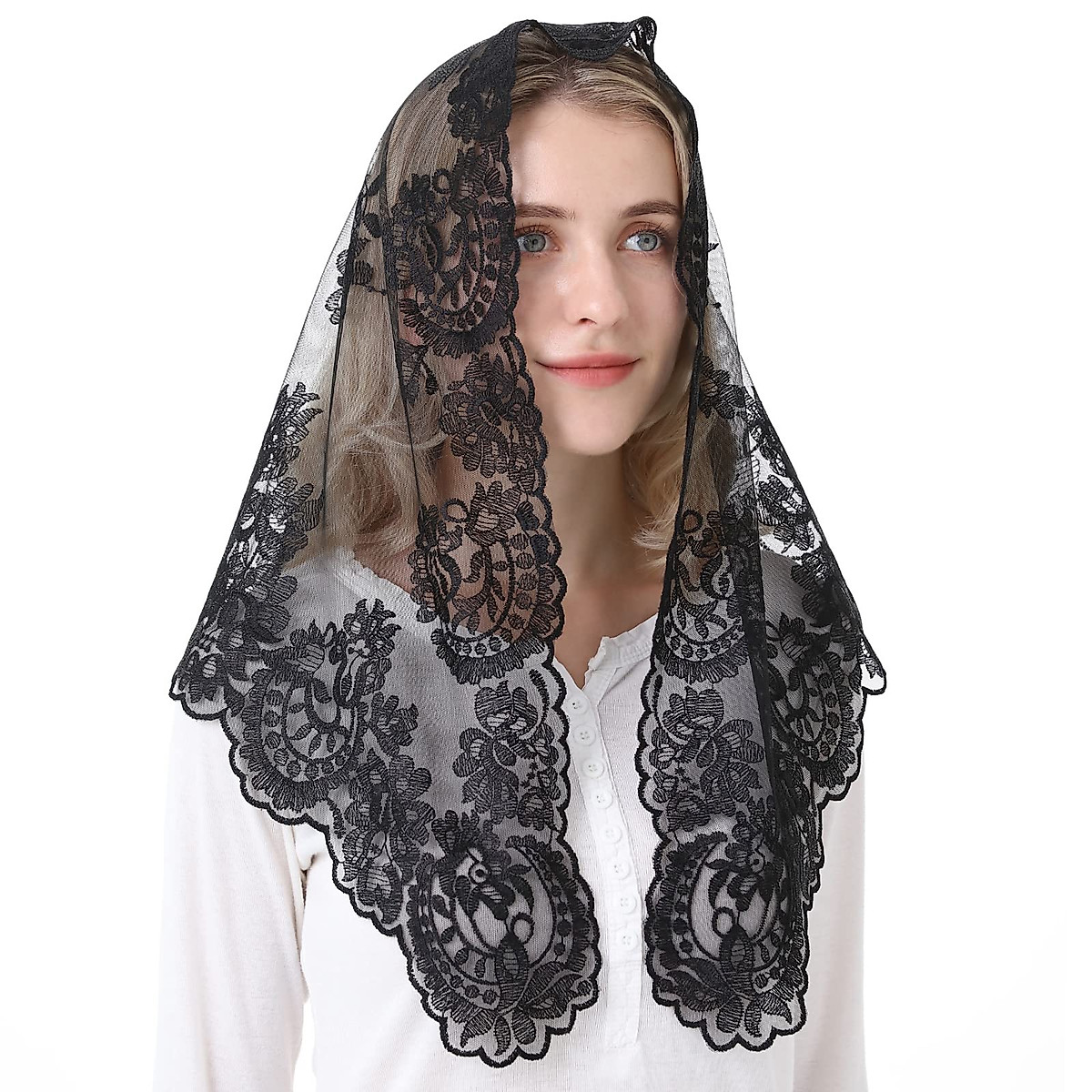 Spanish Mantilla Traditional Church Mass Head Covering Chaple Lace Veil Catholic Mass First Coummunion Bridal Latin Mass Veil (Black)