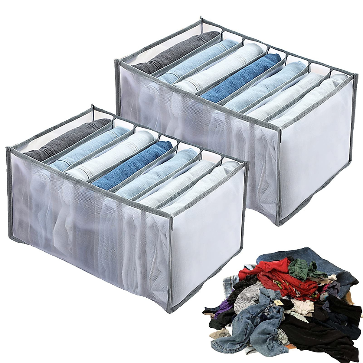 YH&GS 2PCS Wardrobe Clothes Organizer For Folded Clothes Pants,T-Shirt, Skirt, Underwear, Leggings, Kid Jeans Drawers Closet Mesh Storage Stackable 7 Grid Washable, Grey
