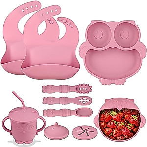 Silicone Baby Feeding Set, 13 PCS Baby Led Weaning Supplies with Suction Baby Plate and Bowl Set, Baby Spoon and Fork, Adjustable Bib, Sippy Cup with Straw and Lid, Baby Utensils for 6+ Months（Pink）