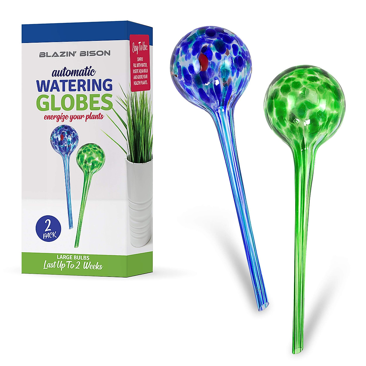 Blazin' Bison Self Watering Bulbs for Plants | Automatic Vacation House Plant Water Globes | Decorative Hand-Blown Glass Aqua Globe | 2pc Deluxe Set (Large)