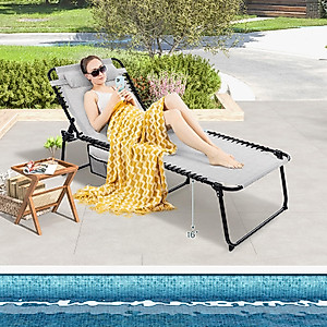 Goplus Chaise Lounge Chair Outdoor, Extra Large Folding 5-Postion Beach Lounge Chair with Detachable Pillow, Side Pocket, Sunbathing Lounge Chair, Adjustable Tanning Chair for Patio Lawn Pool Yard