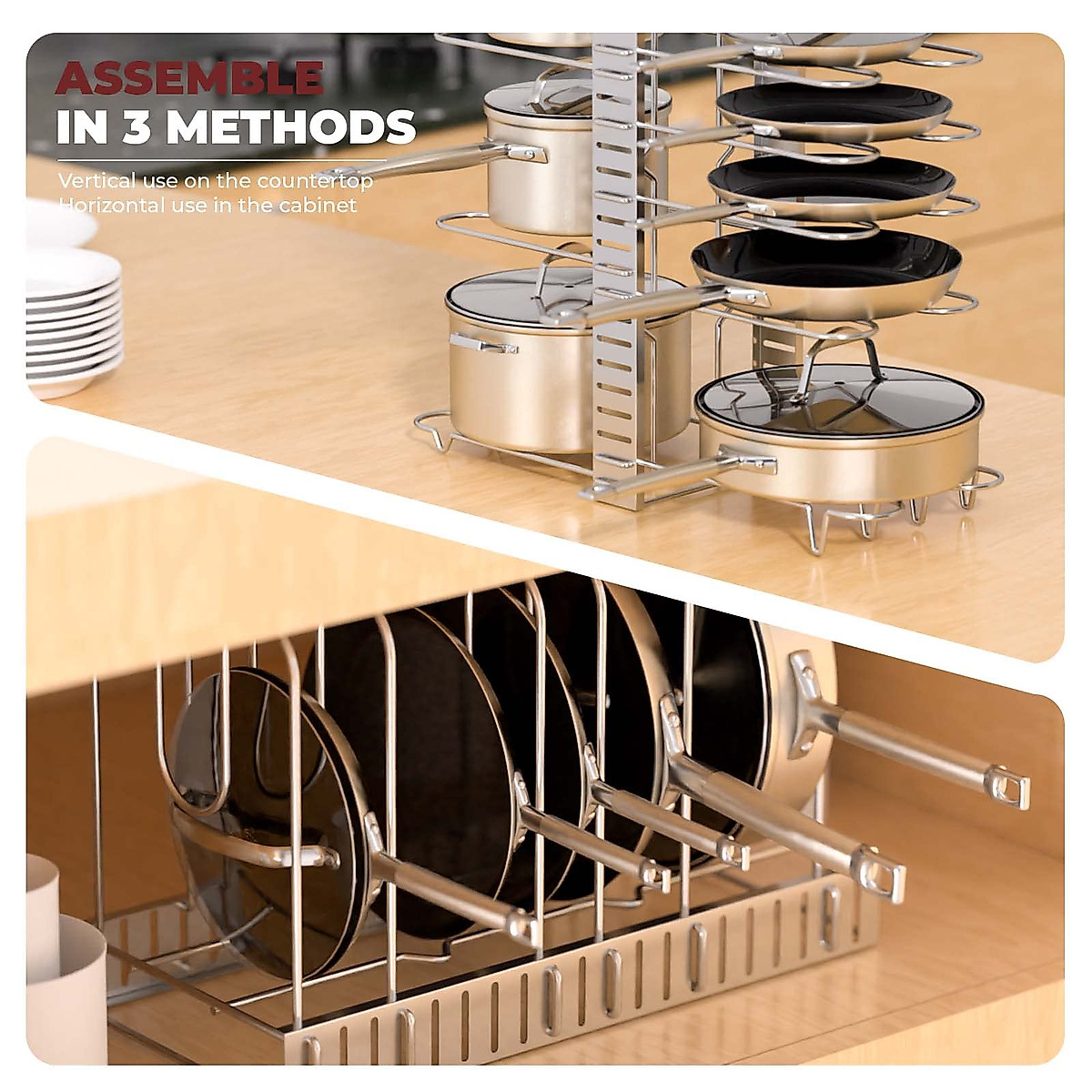 Vdomus Pot Rack Organizer with 3 DIY methods, Pot and Pan Lid Storage for Cabinet kitchen, 8+ Pots and Pan Holder Pot Racks, Adjustable Pot and Pan Rack Lid Holder (Silver)