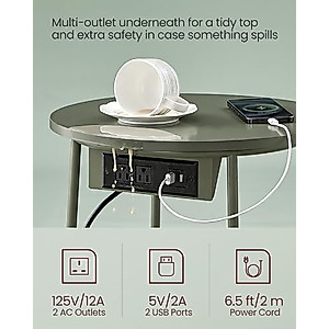 VASAGLE Side Table with Charging Station, Round End Table With Fabric Basket, Nightstand with Power Outlets USB Ports, for Living Room, Bedroom, Modern, Forest Green and Cream White ULET228C04