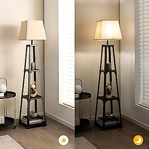 Tangkula Shelf Floor Lamp, Modern Wood Square Standing Lamp with 3 Tiers Shelves and Linen Shade, Stable Trapezoidal Design, E26 Lamp Base, 62" Tall Metal Frame Shelf Lamp for Living Study Bedroom