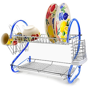 Megachef Iron Wire Contemporary Dish Drying Rack with Included Hangers, Utensil Compartment, and Drip Tray, 16 Inch, Blue and Silver Chrome