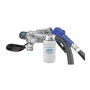 GPI M-180S Fuel Transfer Pump with Filter Kit, 18 GPM, 12-VDC, Automatic Shut-Off Nozzle, 12' Hose, 18' Power Cord (110612-02)