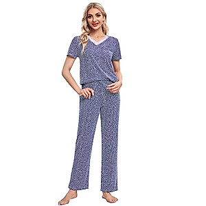 IZZY + TOBY Cotton Pajama Sets, Soft Sleepwear Pjs Set for Women, Summer Pj Short Sleeve Top and Long Pants, Casual Loungewear Ladies Pajamas Navy