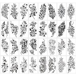 32pcs Black Rose Flower Temporary Tattoo Sticker For Women,Multiple Floral Pattern Designs(7.5X3.8 inch)