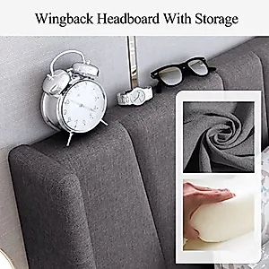 Benevika King Size Platform Bed Frame with Geometric Wingback Headboard, Wooden Slats Support, No Box Spring Needed, Easy Assembly, Gray