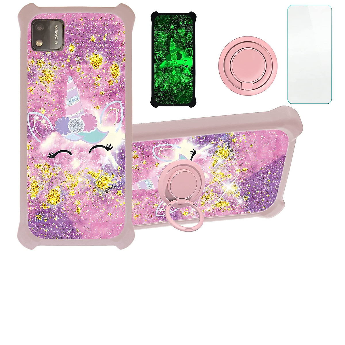 jioeuinly Vortex V22S Case Compatible with Vortex V22 Phone Case Cover [with Tempered Glass Screen Protector][Hard PC + Soft Silicone][Gold Glitter+Luminous] JSF-DJS