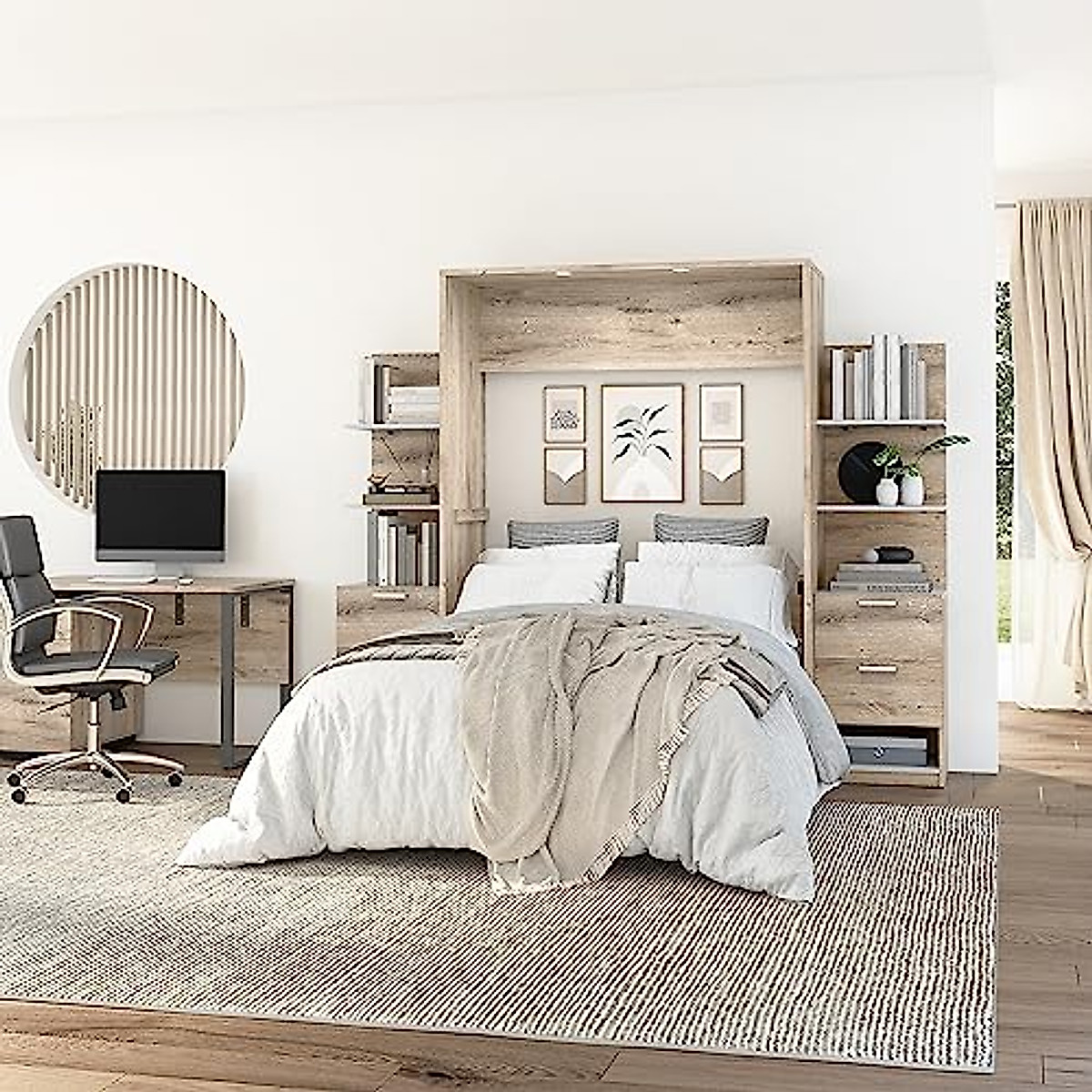 Bestar Cielo Full Murphy Bed with Nightstands and Floating Shelves (99W) in Rustic Brown and White, Sleeping Arrangement for Multipurpose Room