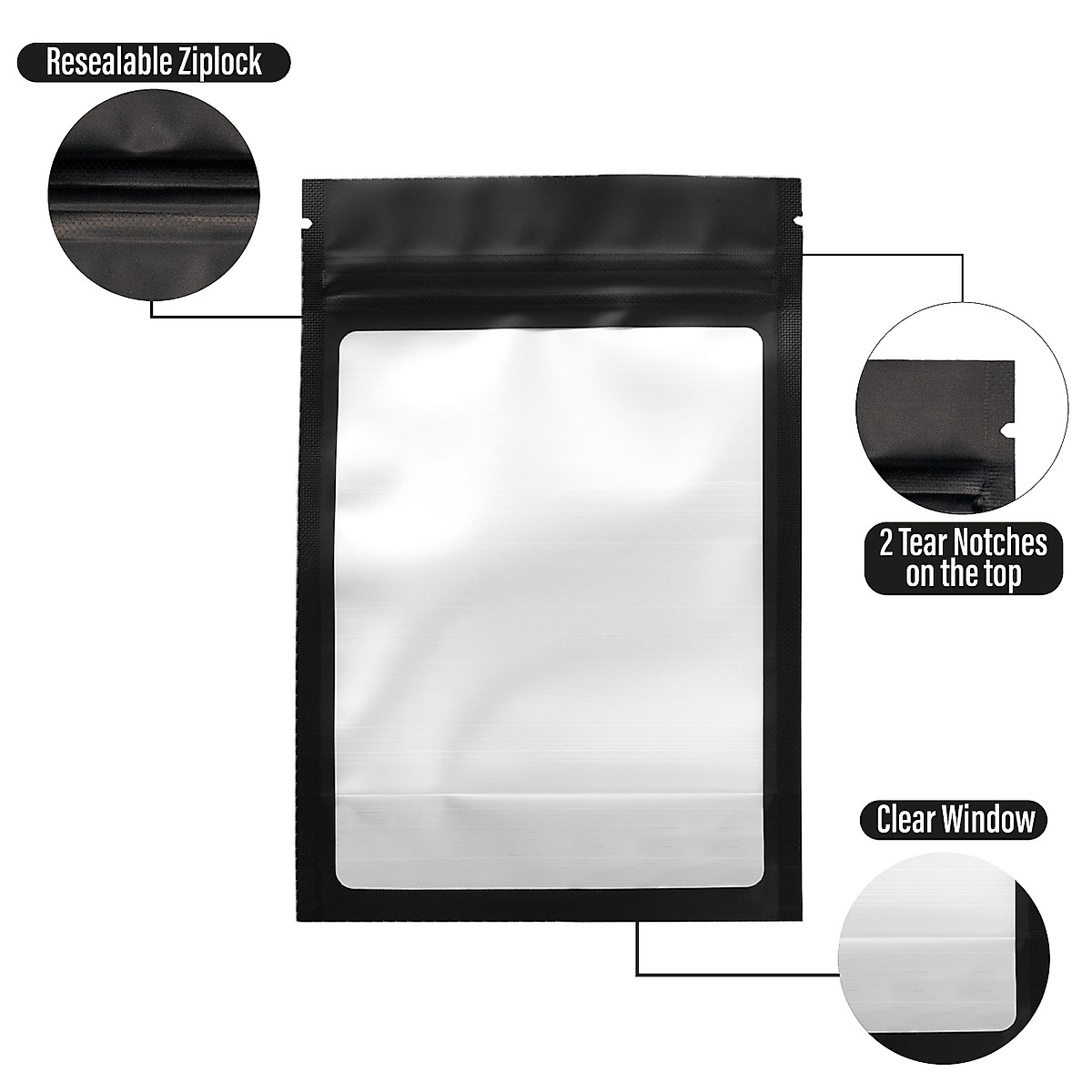 COLSEN 3 x 4 Inches 400 Pack (28 g or 1 oz) Smell Proof Mylar Resealable Foil Pouch Bags - Food Storage Airtight Multi Purpose Zipper Candy Bags for Small Business (Matte Black with Clear Window)