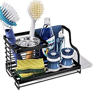 Consumest 5 in 1 Kitchen Sink Organizer with Removable Drain Tray, Quick Draining Kitchen Sink Caddy Rustproof Stainless Steel Sink Sponge Holder for Sponge, Cleaning Towel, Scrubber, Black