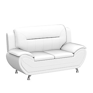 Container Furniture Direct Michael Modern Faux Leather Upholstered Stainless Steel Legs Living Room Loveseat, Cream White